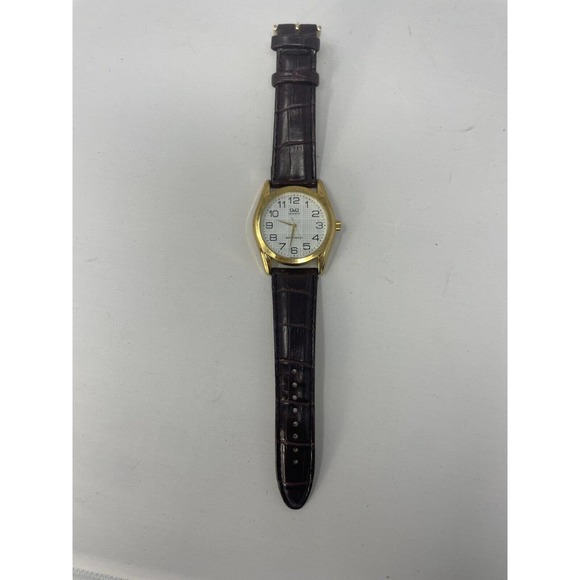 Q&Q | Accessories | Qq Quartz Water Resist Brown Leather Gold Face ...